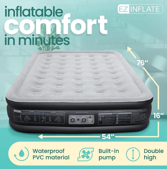 EZ INFLATE Double High Luxury Air Mattress with Built in Pump