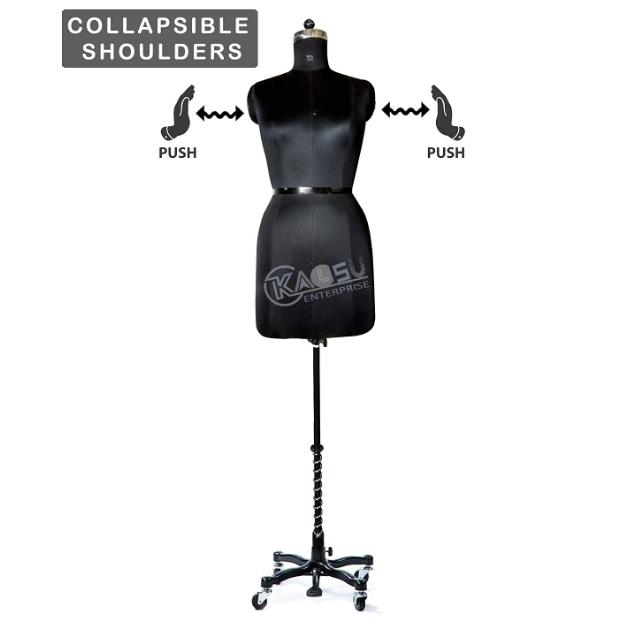 Female Dress Form Wheel Base Mannequin with COLLAPSIBLE SHOULDER